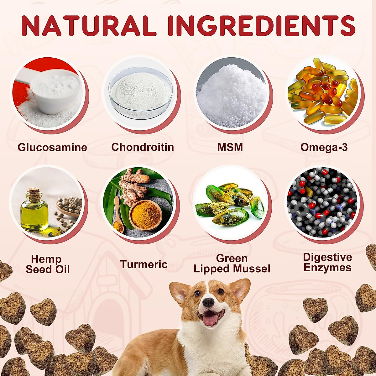 Glucosamine for Dogs, Joint Supplement for Dogs with Chondroitin, MSM, Omega-3, Turmeric and Vitamins for Pain Relief, Dog Joint Supplement with Calcium and Phosphorus for Bone Health, 120 Soft Chews