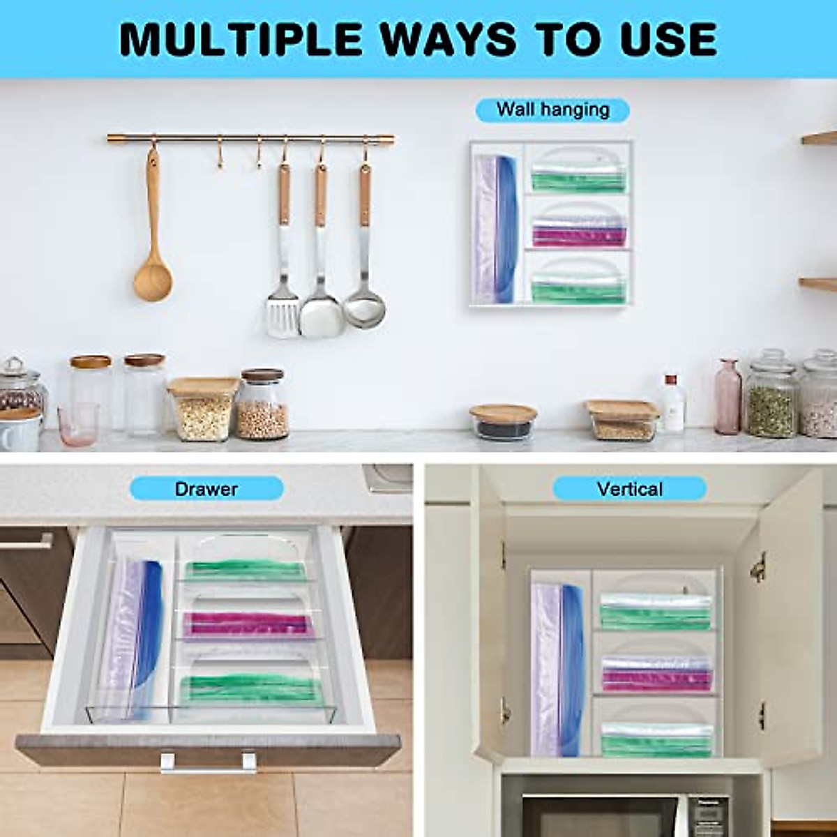 Ziplock Bag Storage Organizer, Acrylic Kitchen Drawer Baggie Box for Ziploc, Plastic Bag Holder, Food Storage Bag Holder, Compatible with Ziploc, Solimo, Glad, Hefty for Gallon, Quart, Sandwich & Snack Variety Size Bags