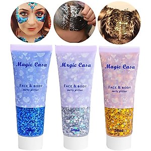 3 Colors Body Glitter Gel,Face & Body Glitter Sequins Shimmer,Mermaid Chunky Glitter,Holographic Sparkling Cosmetic Powder Festival(1+2+5)