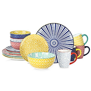 Selamica Ceramic 16-Pieces Dinnerware Set for 4, Includes Dishes, Plates, Bowls, Assorted Colors