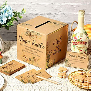 Teling 51 Pcs Greenery Diaper Raffle Tickets with Kraft Card Sign Box Diaper Raffle Insert Invitations Cards Baby Shower Party Game Decorations Table Centerpiece Bring a Pack of Diaper to Win