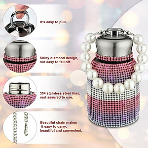 XUDREZ Diamond Thermos Bottle for Womens, Diamond Water Bottle Bling Rhinestone Stainless Steel Vacuum Flask Sparkling Refillable Insulated Thermal Bottle with Pearl Bracelet and Chain (Pink-purple)