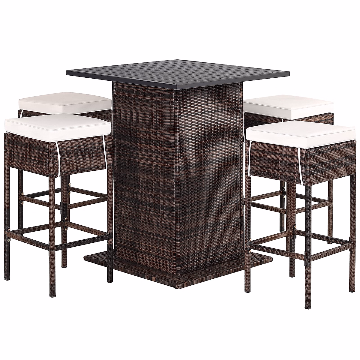 RELAX4LIFE 5-Piece Outdoor Bar Set, Wicker Rattan Bar Height Patio Set w/4 Cushion Bar Stools & Table with Hidden Storage, 5PCS Outdoor High Top Table and Chairs Set for Backyard Poolside (White)