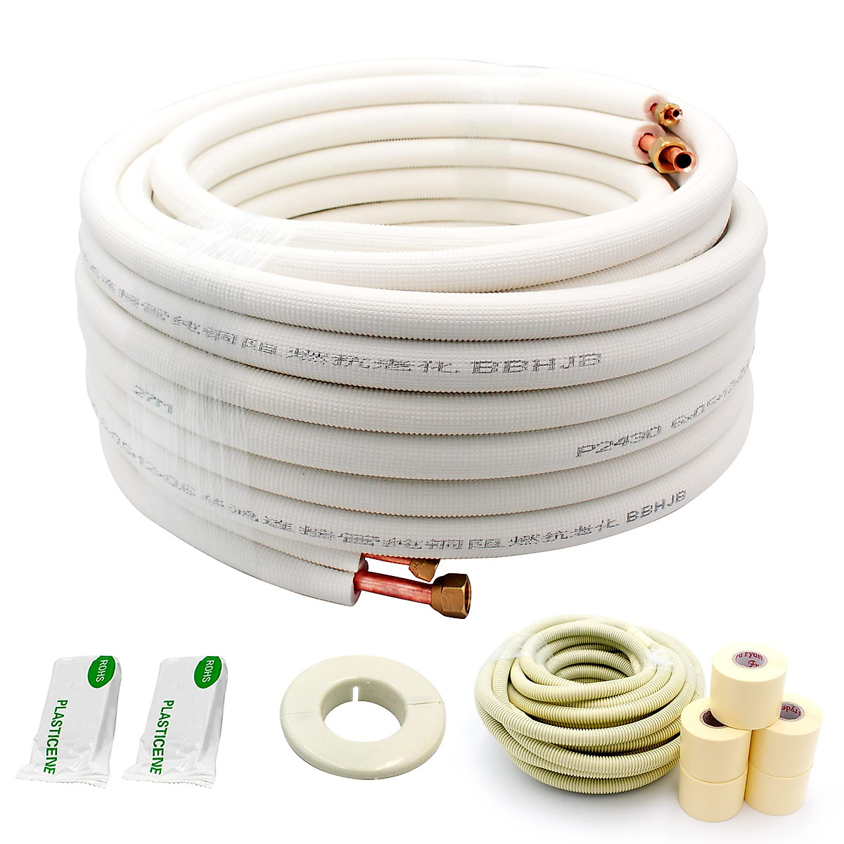 33ft Length Mini Split Line Set,3/8" 5/8" OD Copper Pipes Tubing and 3/8 White PE Thickened Insulated Coil with Flared Nuts for Mini Split Air Conditioner HVAC or Heat Pump System. (33FT(3/8+5/8))