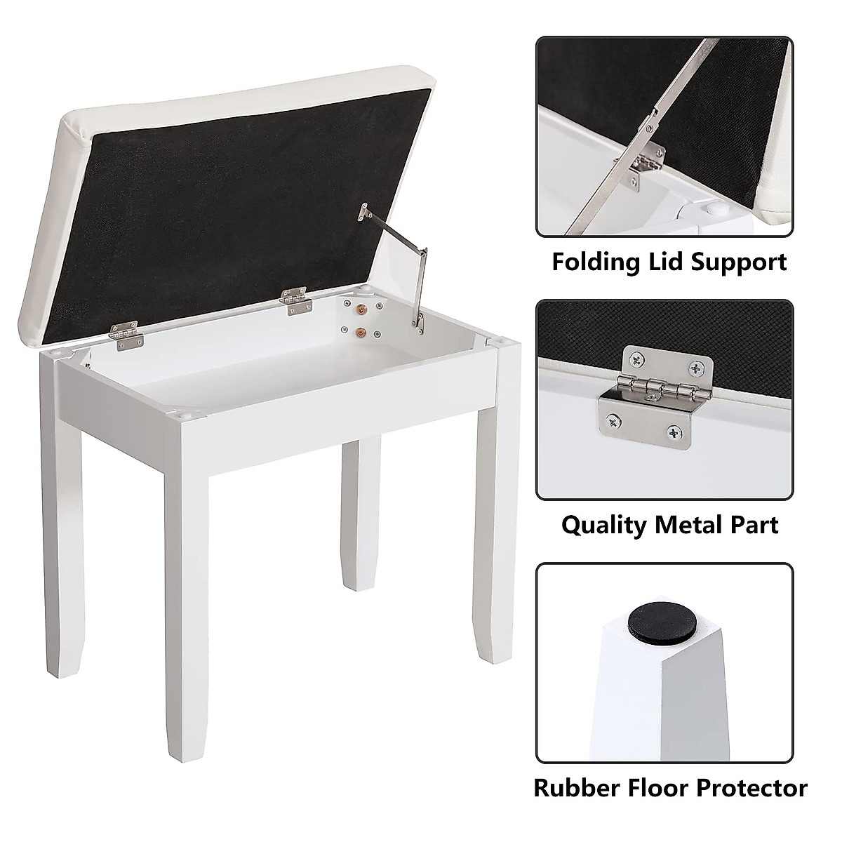 Iwell Piano Bench with Padded Cushion and Storage Compartment for Music Books, Keyboard Bench, Vanity Stool Chair with Solid Wood Leg, 20.5" L x 12.6" W x 19.7" H, White