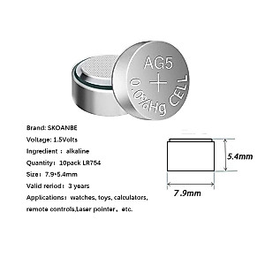SKOANBE LR754 309/393 ag5 1.5V Watch Button Cell Batteries for Laser（10-Pack）