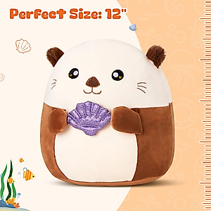 Glow Guards 12” Sea Otter Plush Pillow with Fuzzy Ears,Cute Otter Stuffed Animal,Soft Plushies Pillow Kawaii Otter Plush Toys with Glitter Purple Seashell,Otter Toys Gift for Girls Boys Birthday