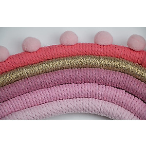 Macrame Pastel Rainbow with Pompoms and Tassels, Wall Hanging Accent for Girls, Boho Kid Room Decor, Adorable Baby Shower or Awesome Birthday Gift Pink, 14x11 inches