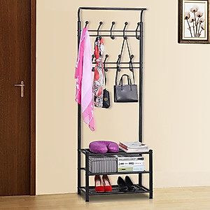 Yaheetech Coat Rack, 3 in 1 Hall Tree with Shoe Storage Bench,Coat Shoe Rack Freestanding with 18 Hooks & a Hanging Rod for Entryway Living Room Bedroom,Metal Frame, Black