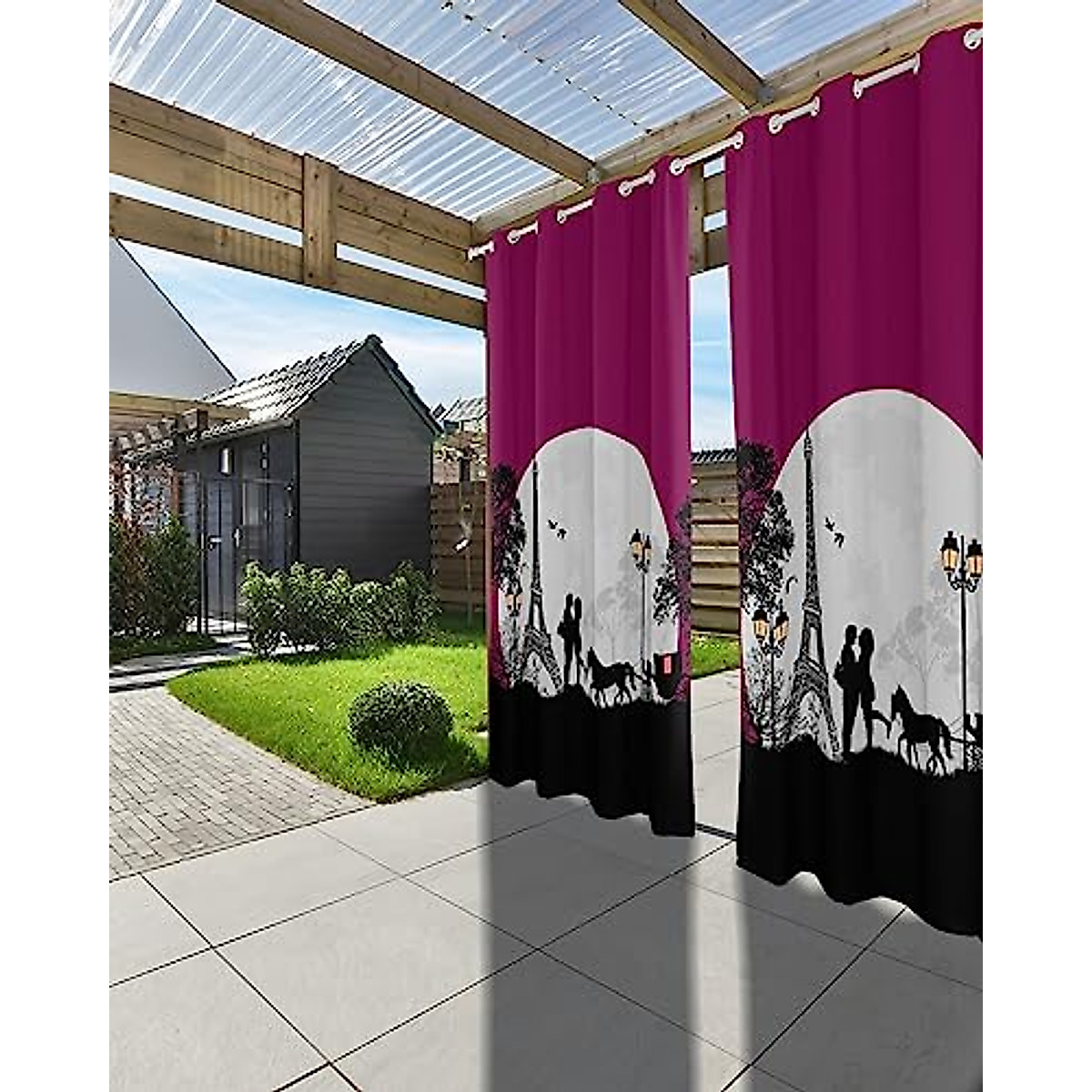 Outdoor Curtains for Patio 2 Panels Set Lovers Carriage and Eiffel Tower Under the Moon Waterproof Privacy Outside Curtain Sun Blocking Grommet Drapes for Porch Gazebo Pergolas Balcony 52x84 Inch