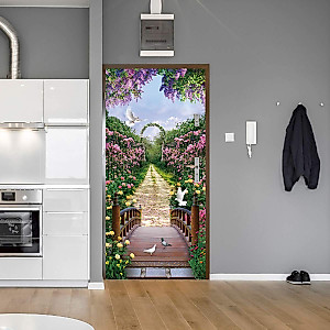 Izielad 3D Garden Flowers Self-Adhesive Door Wallpaper Murals Wall Stickers Peel and Stick Door Poster for Home Decoration Vinyl Removable Art Decal 30.3" x78.7