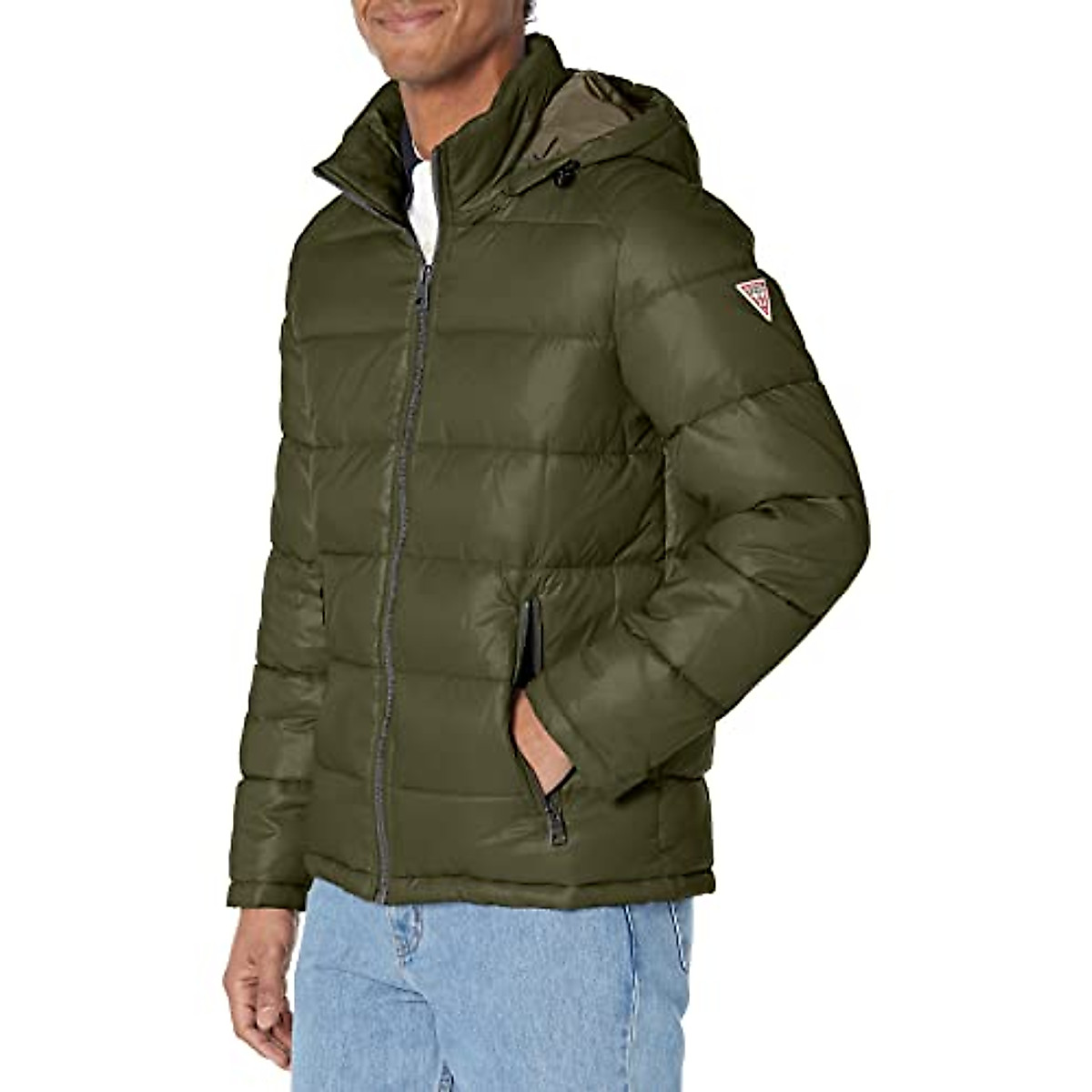GUESS Men's Mid-Weight Puffer Jacket with Removable Hood, Army Green, Large