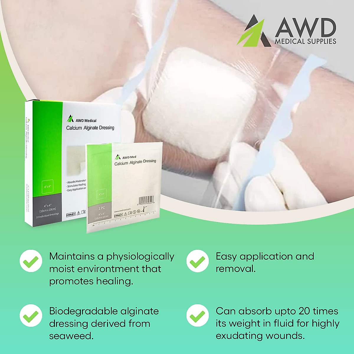 AWD Silver Calcium Alginate Dressing for Wound Care - Skin, Wound Care Products, Bandages Large Wound Care, Non Stick Pads for Wounds, Comfortable & Absorbent (4"x5", 5 Count)
