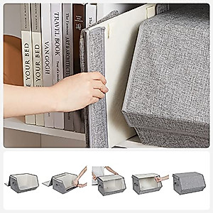 SONGMICS Set of 4 Stackable Storage Bins, Fabric Storage Boxes with Lids, Stackable Storage Cubes with Magnetic Closures, a Semi-Open Front, Lid Can Stay Open after Stacked up, Gray URLB22GY