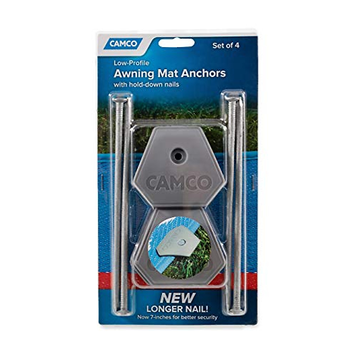Camco 45633 RV Awning Mat Anchors - Safely Secure Your Awning Mat in Place - Set of 4 with 7-Inch Hold-Down Nails, Gray