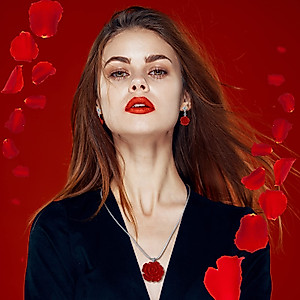 Fiada 1 Set Resin Rose Jewelry Red Necklaces with Diamond Flower Vintage Jewelry Dangle Necklace and Earring Sets for Women Pendent Bracelet for Bride Wedding Valentine Gifts