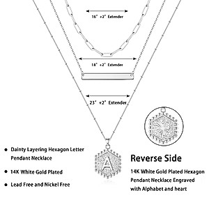 Turandoss Silver Layered Necklaces for Women, 14K White Gold Plated Paperclip Chain Necklace for Women Hexagon Letter Pendant Initial A Necklace Choker Necklaces Silver Necklace for Women