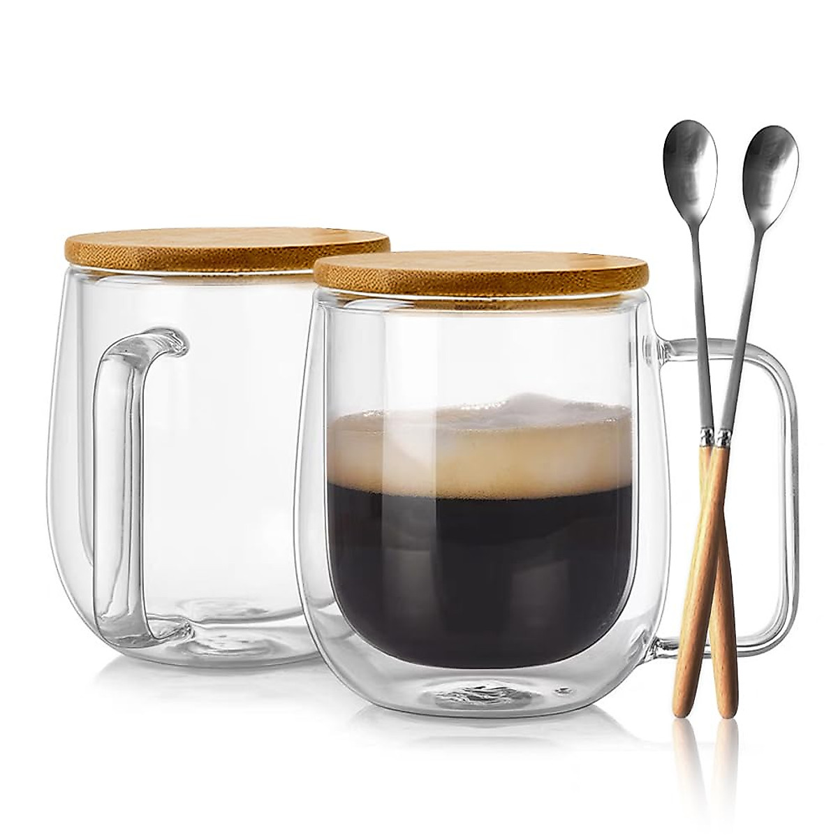 Mugs 12 oz Glass Espresso Cup with Lids Spoon - Double Wall Insulated Clear Coffee Mugs With Handle & Suspended Base Design - Thick Expresso Coffee Cups For Americano, Lattes, Tea (Set of 2,Gift Box)