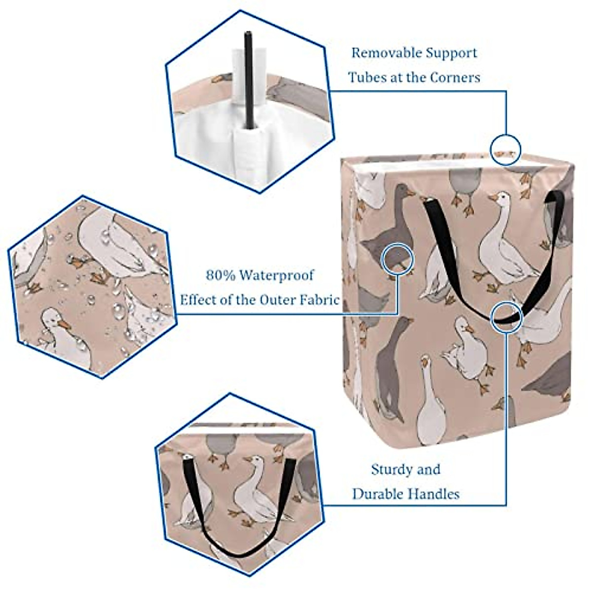 Gray and White Geese Print Collapsible Laundry Hamper, 60L Waterproof Laundry Baskets Washing Bin Clothes Toys Storage for Dorm Bathroom Bedroom