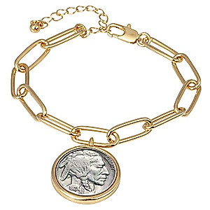 Buffalo Nickel Coin Elongated Link Bracelet | Goldtone Clip Style | 7 Inch 3 Inch Extender with Lobster Claw Clasp | Certificate of Authenticity