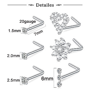 MODRSA Nose Studs 20g Nose Stud L Shaped Diamond Nose Rings Stud for Women Surgical Steel Nose Rings Nose Screw Nose Piercing Stud Flower Heart Nostril Jewelry Silver