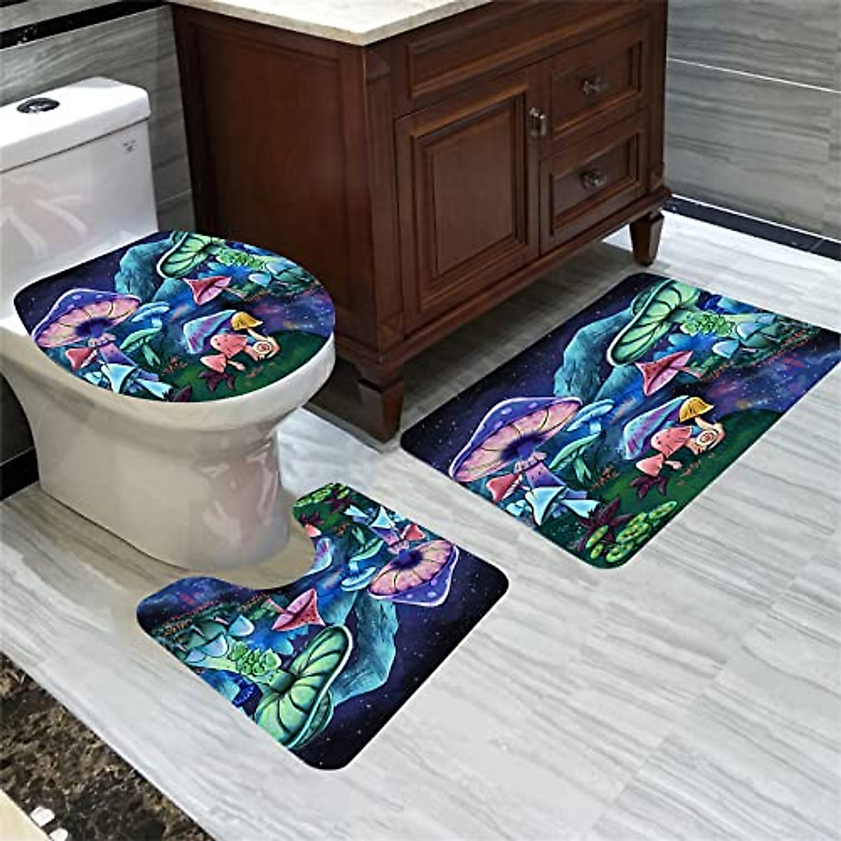 Kossmjx Mushrooms Shower Curtain Set 4 Pieces Fairy Forest Theme Fantasy Cartoon Curtain Set Girls Boys Teens Bathroom Decor Waterproof Polyester Curtains with 12 Hooks Toilet Rug Bath Mat, 70" x 70"