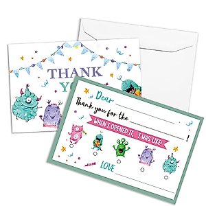 QOFO Cartoon Cell Fill in the Blank Thank You Cards,Bacteria Thank You Card,Gender Neutral Thank You Notes,For Boys Birthday Party,Event,or Holiday Use,Thank You Notes with Envelopes Set of 25-GXK13