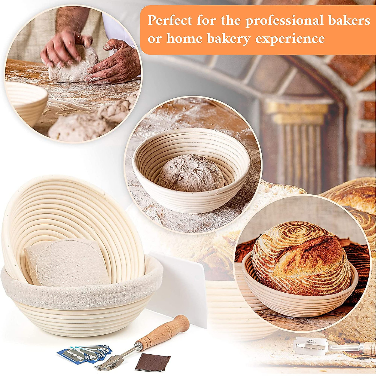 T & T HOME Handmade Banneton Bread Proofing Basket Set, 2 Round 10 Inch Baskets with Linen Liner, Dough Scraper, Bread Lame, Measuring Cup and Spoon, Sourdough Baking Starter Kit