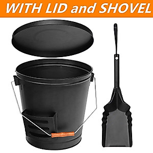 Nouva 5.15 Gallon Ash Bucket with Lid and Shovel, Galvanized Large Metal Hot Wood Ash Carrier Pail Fireplace Tools,Fire Pit,Wood Burning Stove Black, 19.5 L