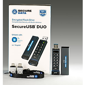 SecureData SecureUSB Duo 16GB Hardware Encrypted USB 3.0 Flash Drive FIPS 140-2 Level 3 Unlock via Keypad or Phone app TAA Compliant, CJIS, HIPAA, CMMC, GDPR Compliant, Works with Mac and Win Free AV