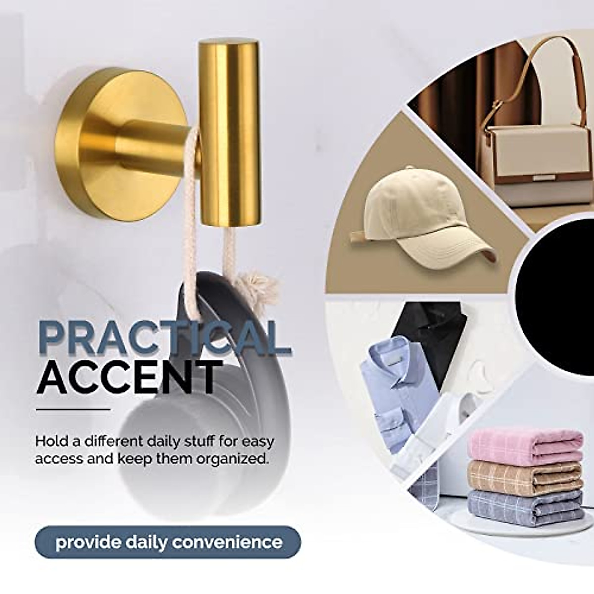 Angle Simple Bathroom Towel Hook 2 PCS, SUS304 Stainless Steel Bath Towel Robe Coat Holder, Heavy Duty Wall Hook, Brushed Gold