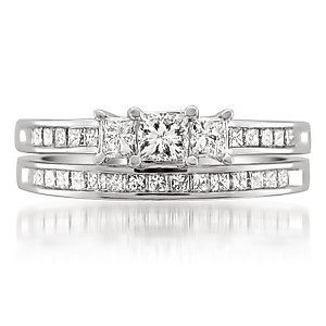 Beyond Brilliance 1.50 Carat Diamond, Prong Set 14K White Gold Princess Cut Diamond 3 Stone Wedding Bridal Ring Set for Women (I-J, I1-I2) Natural Diamond Fine Jewelry Gift Box Included