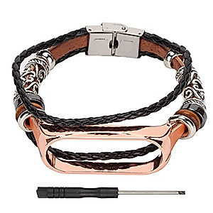 LANTRO JS Leather Smartwatch Band Replacement, Vintage Style Watch Wrist Strap for Mi Band 6/5 NFC, Brown/Silver Color Combination (brown gold)