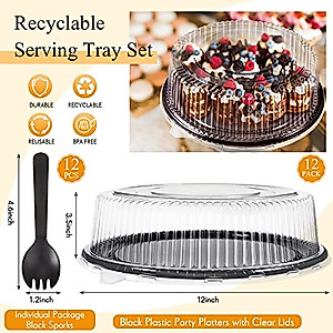 12 Pack Heavy Duty Serving Tray with Clear Lid and Sporks, Large Plastic Tray with Elegant Platter Round Black Disposable for Fruit Sandwich Party Takeout Food Catering Picnic (12 Inch)