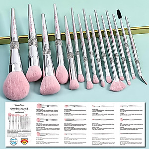 Bueart Design Elegant pink Ultra soft labeled Makeup Brushes Sets with Brush Holder makeup brush set with Foundation Powder blush blending contour Brush (15Pcs Silver Pink+Holder)
