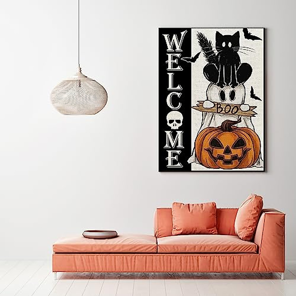 Welcome Halloween Diamond Painting Kits for Adults Beginners, Black Cat Ghost Boo Pumpkin 5D Diamond Art Kits, DIY Full Round Drill Gem Art, Fall Home Wall Decor 12 x 16 Inch