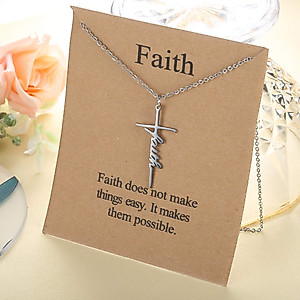 Jewenova Faith Cross Necklace Hope Loved Strength Pendant Necklace Religious Jewelry Gift for Women Dainty Y Pendant Chain Necklace with Meaning Card