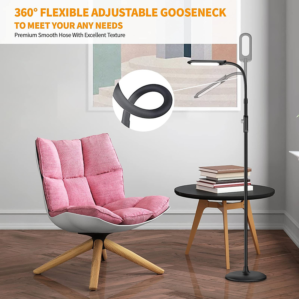 Ferrawel LED Floor Lamp Modern Standing Lamp with Adjustable Gooseneck Stepless Dimming Standing Pole Light Bright Reading Tall Lamp with Memory Funtion for Living Room Bedroom Office