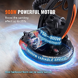 VEVOR Drywall Sander, 900W Electric Sander with 12 Sanding Discs, Variable Speed 800-1800 RPM Wall Sander with 3 Suction Ducts, Foldable Ceiling Sander & 2 LED Lights, Extendable Handle, Dust Bag