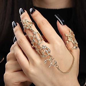 Obmyec Boho Finger Ring Hand Chain Gold Knuckle Ring Bracelets Punk Leaf Ring Harness Bracelet for Women (Gold)