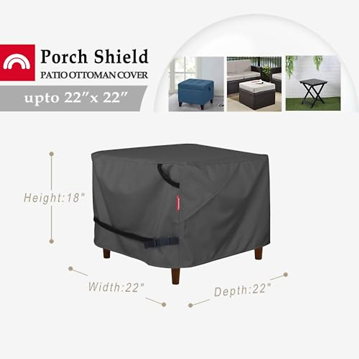 Porch Shield Patio Ottoman Cover - Waterproof Outdoor Square Side Table Covers – 22L x 22W x 18H inch, Black