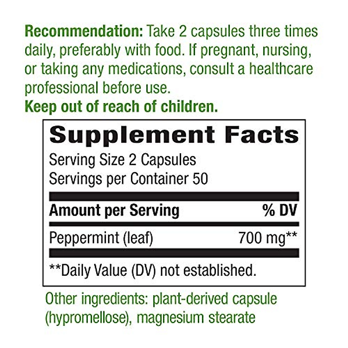 Nature's Way Premium Herbal Peppermint Leaf, Traditional Digestive Soothing and Discomfort Support*, 700mg per serving, 100 Capsules