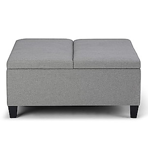 SIMPLIHOME Ellis 36 inch Wide Contemporary Square Coffee Table Storage Ottoman in Dove Grey Linen Look Fabric, Assembled, For the Living Room and Bedroom