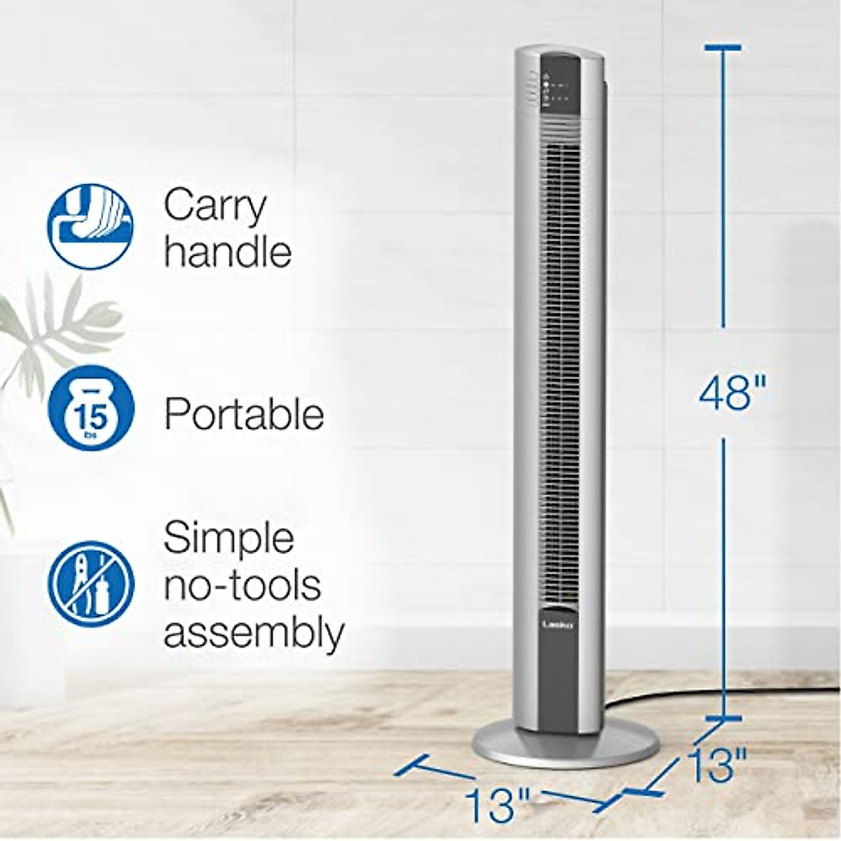 Lasko Portable Electric 48" Oscillating Tower Fan with Fresh Air Ionizer, Timer and Remote Control for Indoor, Bedroom and Home Office Use, Gray T48310