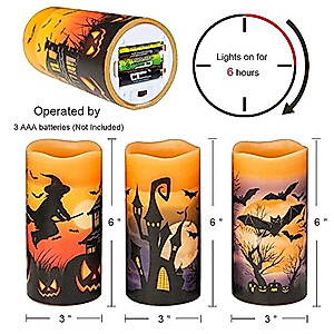 DRomance Halloween LED Flameless Pillar Candles Battery Operated with 6 Hour Timer Set of 3 Orange Wax Warm Light Flickering Witch Bats Castle Spooky Decals Halloween Decor Gifts(3 x 6 Inch)