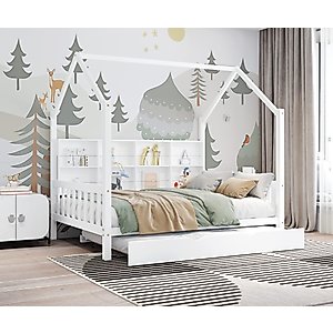 DEINPPA Twin House Bed with Shelf, Twin Bed Frame with Trundle & Guardrail for Kids Children Toddlers, No Box Spring Needed