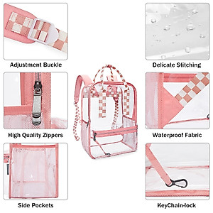 mommore Heavy Duty Clear Backpack Durable See Through Bookbags for Work (Pink Plaid, Large)