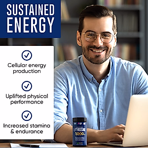L Tyrosine 1000MG Capsules - All-Natural L- Tyrosine Supplement for Focus & Energy Boost - Non-GMO & Gluten-Free - Vegan 150 Caps -500mg x 2 per Serving