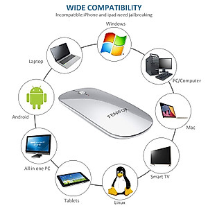 FENIFOX Bluetooth Mouse, Slim Mini Portable Flat Travel Wireless Mouse Rechargeable Quiet Ultra-Thin Mice Compatible with Laptop,Tablet,Notebook,PC (Silver and White)