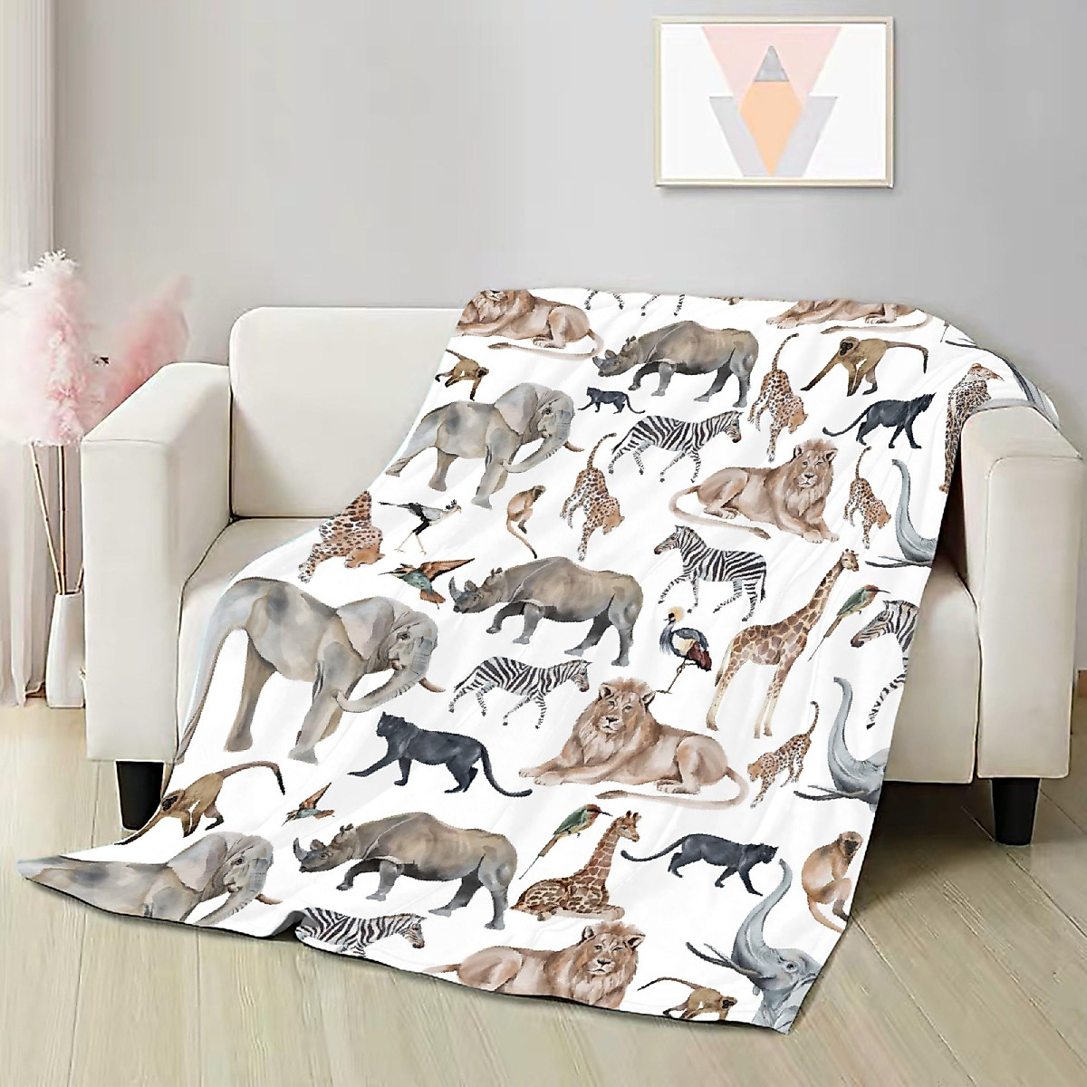 Animal Blanket Gifts for Boys Girls,Woodland Forest Animals Pattern Throws,Soft Plush Elephant Leopard Monkey Lion Hippo Print,Lightweight Quilts for Bed Sofa Decoration 60 x 50in for Teens